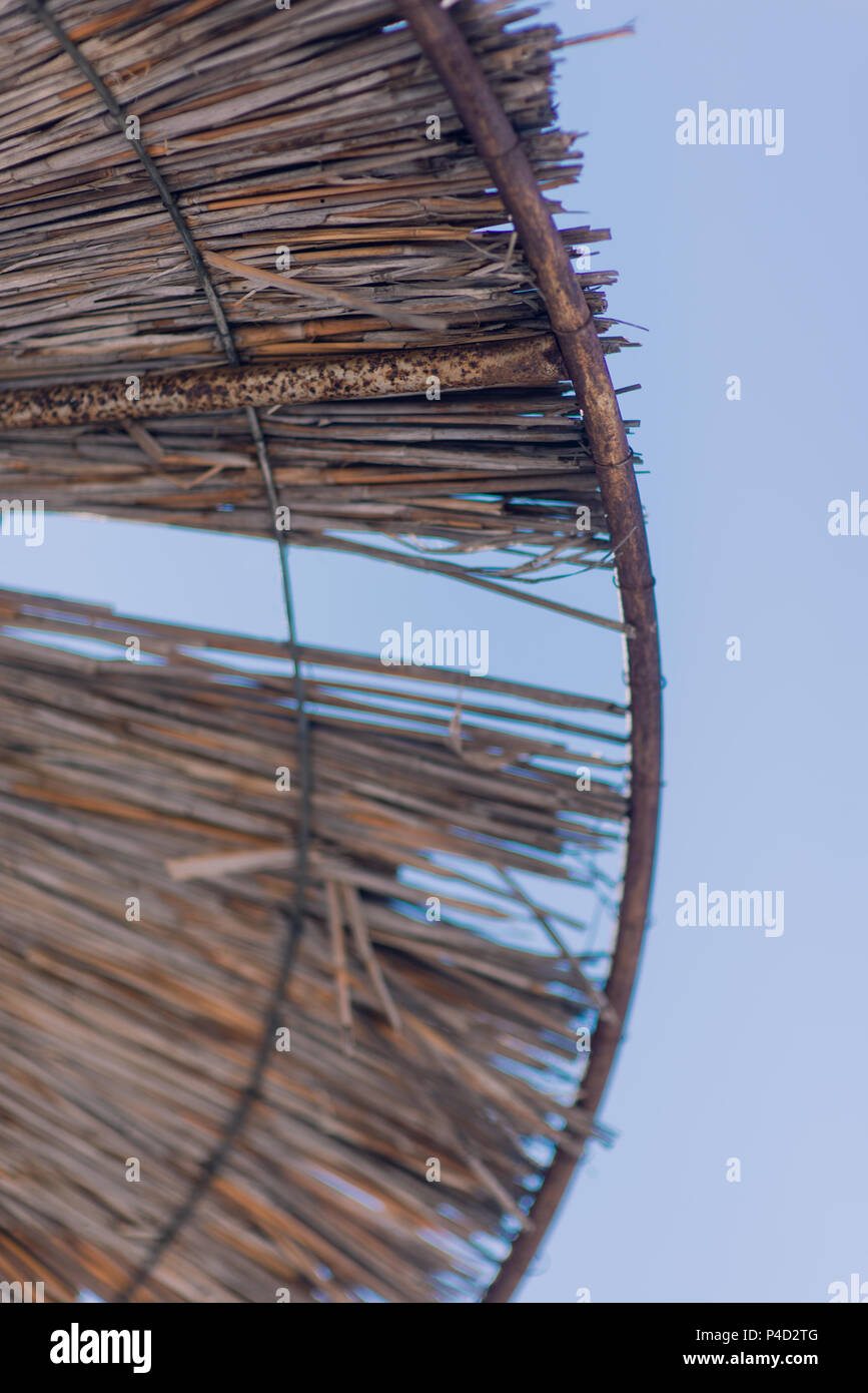 Parasol made out of palm leaves standing on the beach with the sea ...