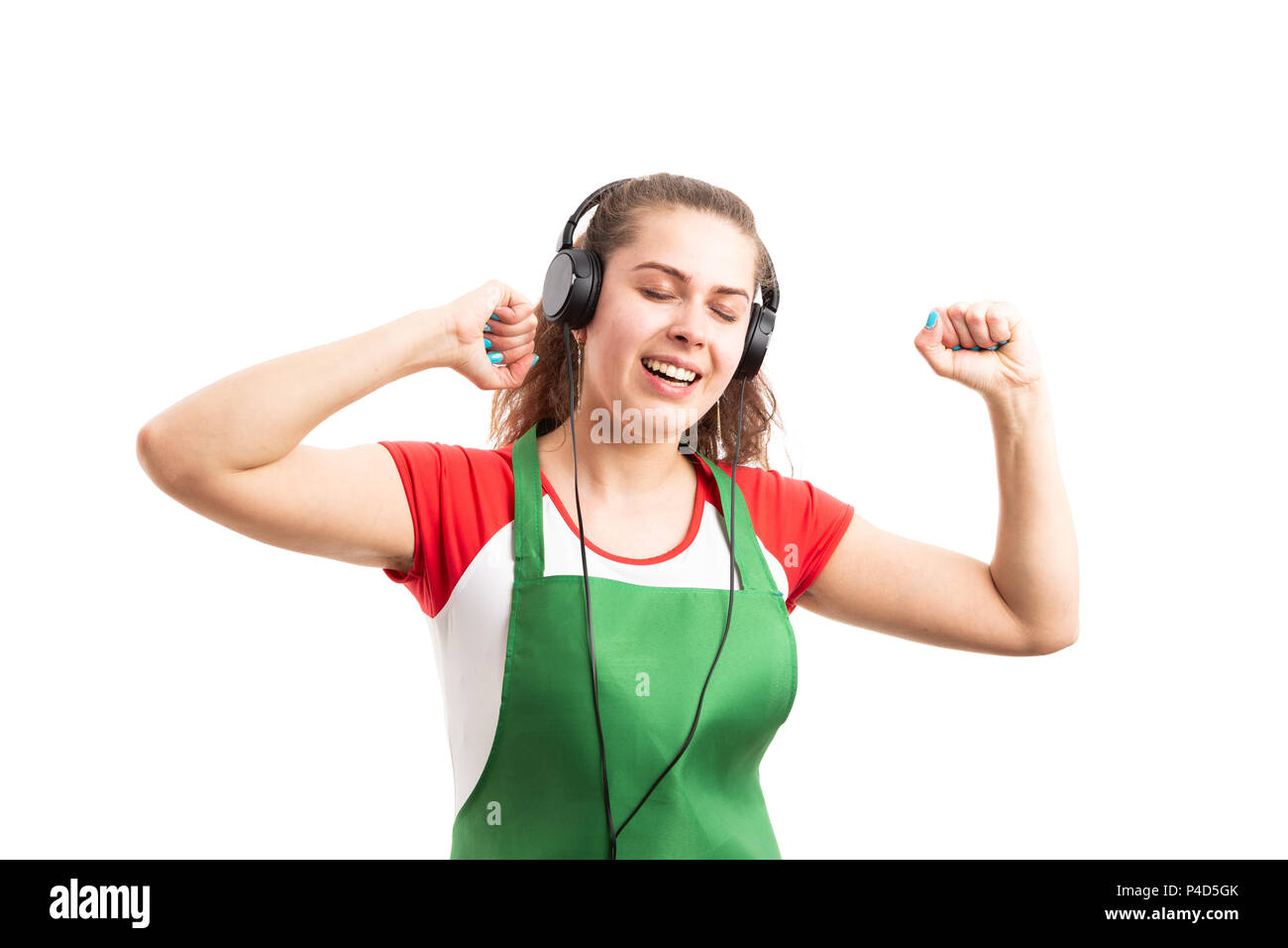 Female supermarket or hypermarket employee listening to music and ...