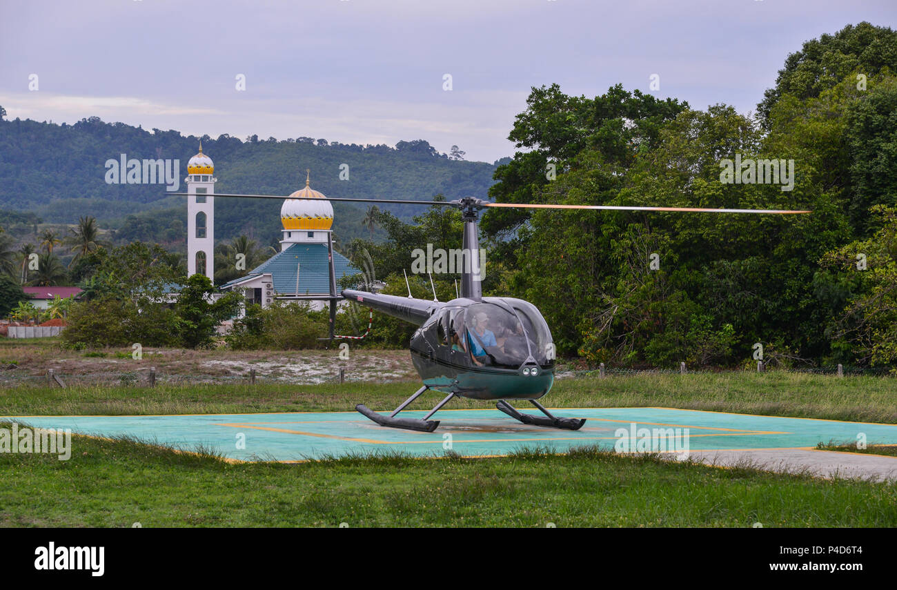 Langkawi, Malaysia - Apr 30, 2018. A helicopter ready to take-off from ...