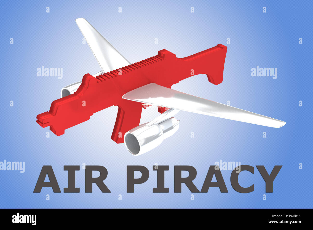 3D illustration of AIR PIRACY title with red rifle and airplane wings ...