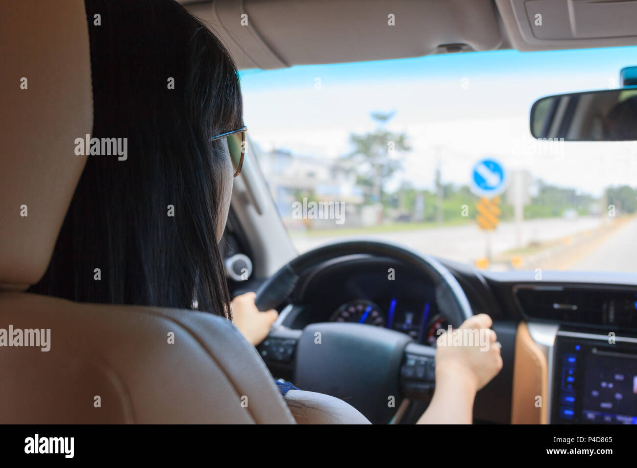 View inside a car on road background, woman driving in highway Stock ...
