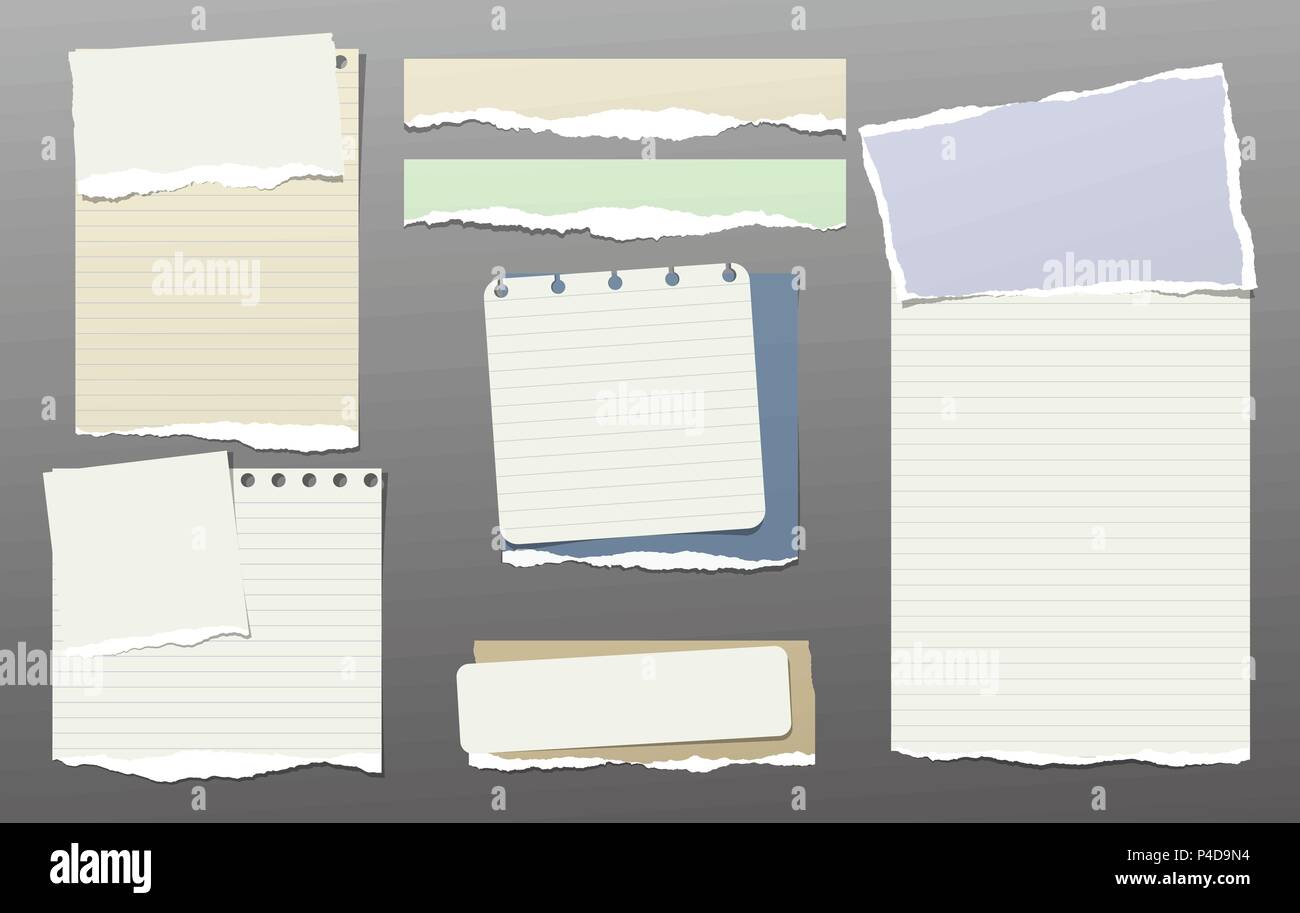 Colorful Note, Notebook Paper Pieces With Torn Edge Stuck On Dark Gray