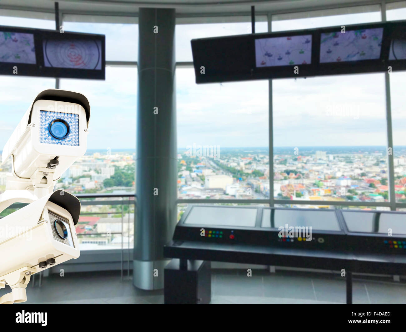 The CCTV Security Camera operating on control tower aviation blur ...