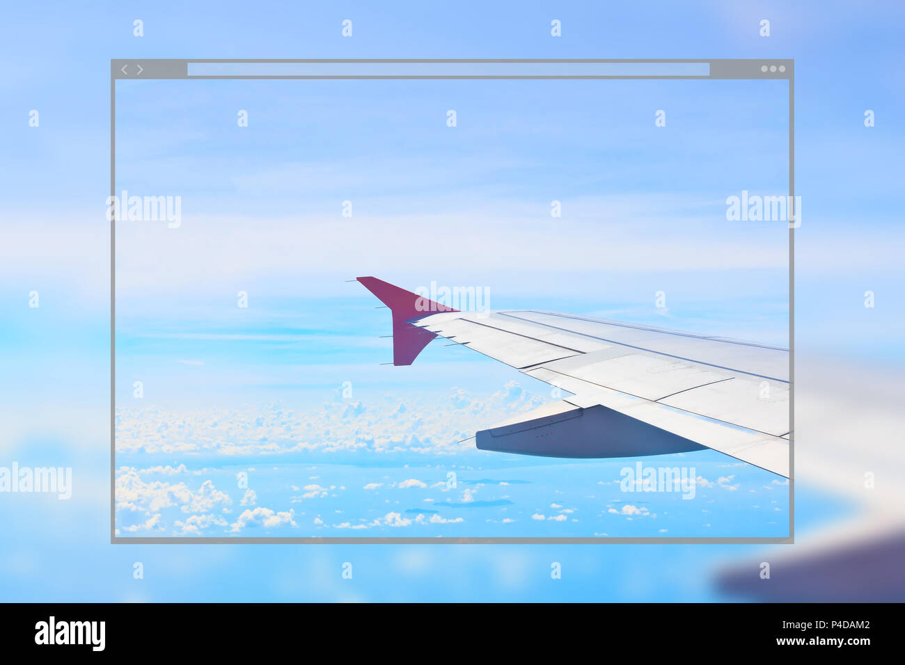 Web site page design concept, airplane wing on blue sky background ...
