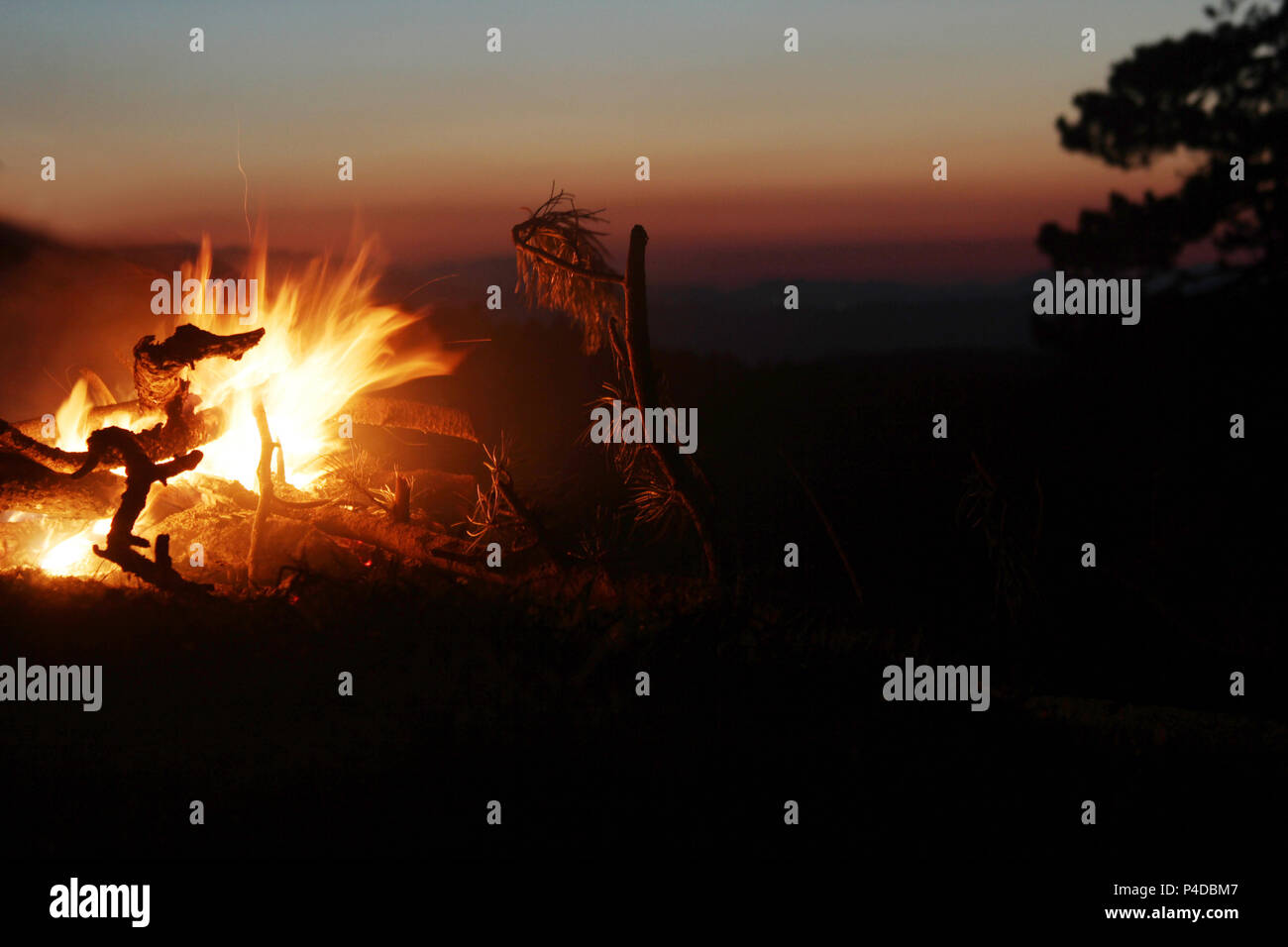 Summer Campfire and sunset Stock Photo - Alamy