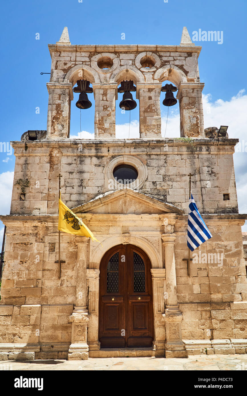 Facade and belfry of the historic church on the island of Crete Stock ...