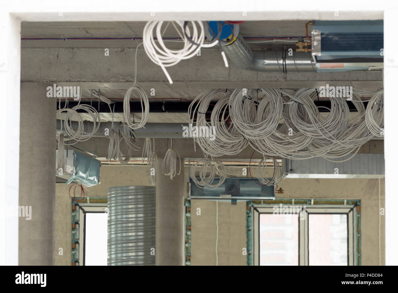 Interior construction site. Cabling and wiring of new office place ...