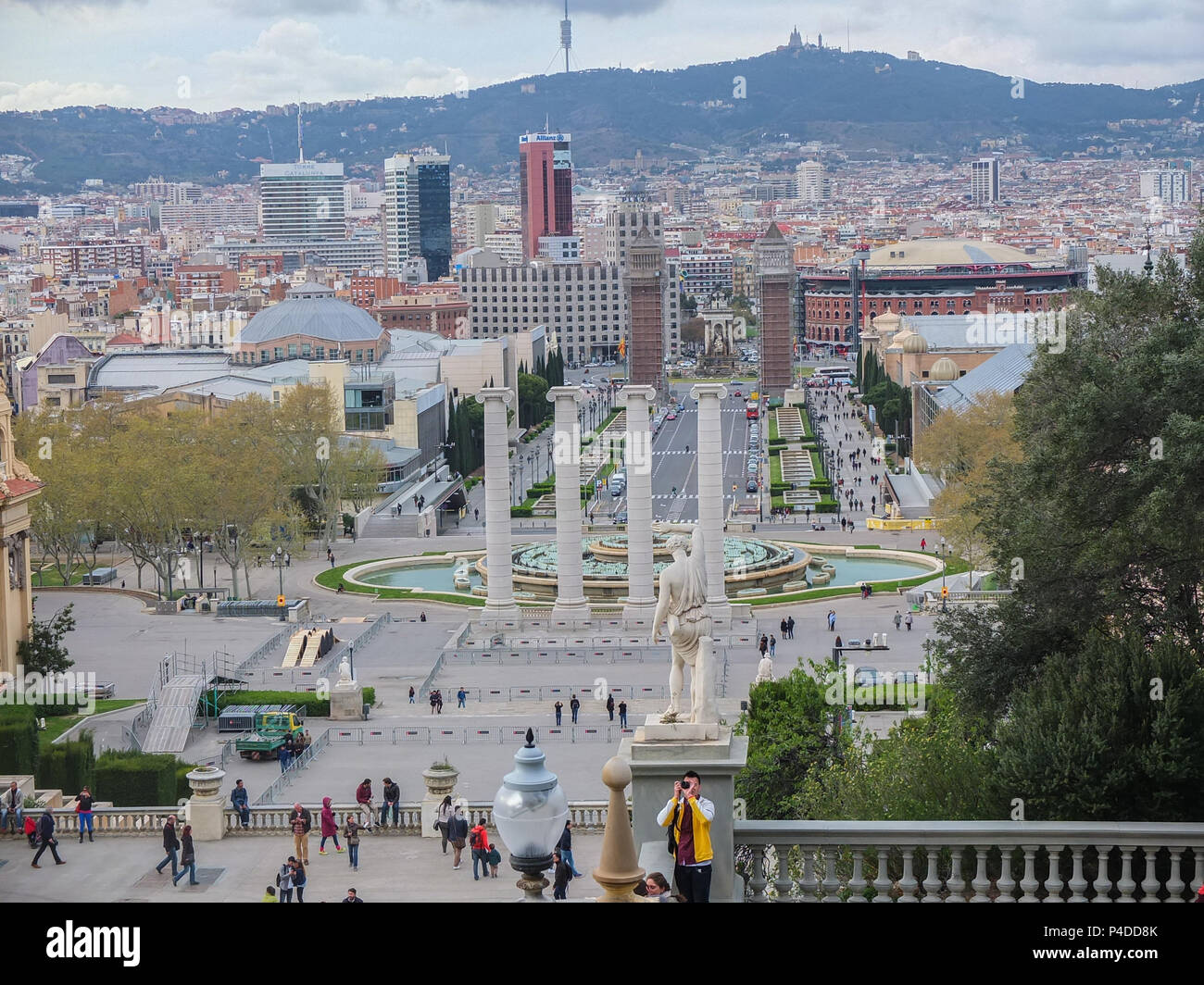 Barcelona, Spain - March 28, 2014: Looking down from the Museum steps ...