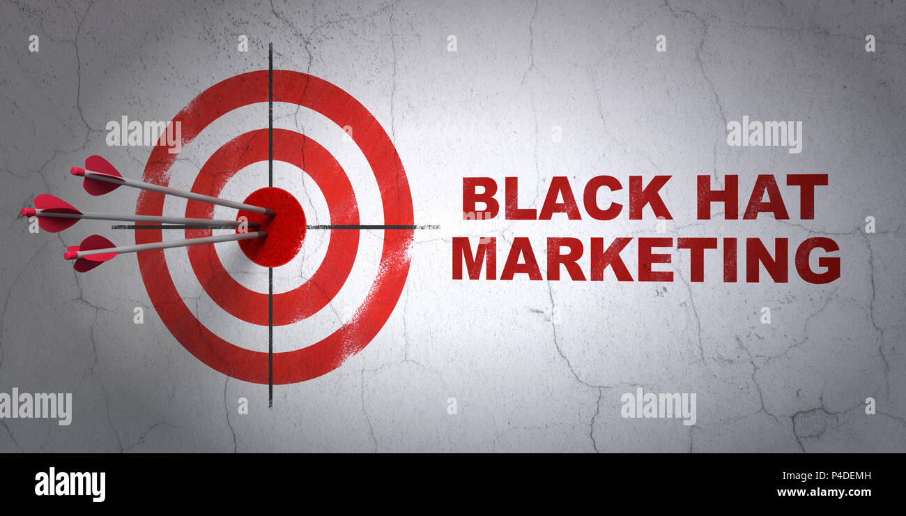 Advertising concept: target and Black Hat Marketing on wall background ...