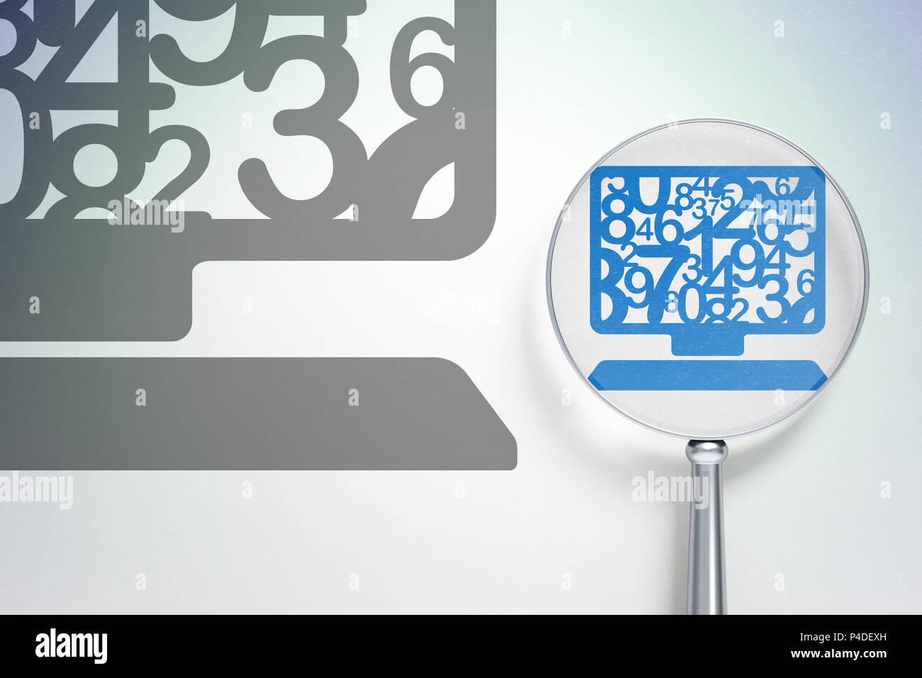 Learning concept: Computer Pc with optical glass on digital background ...