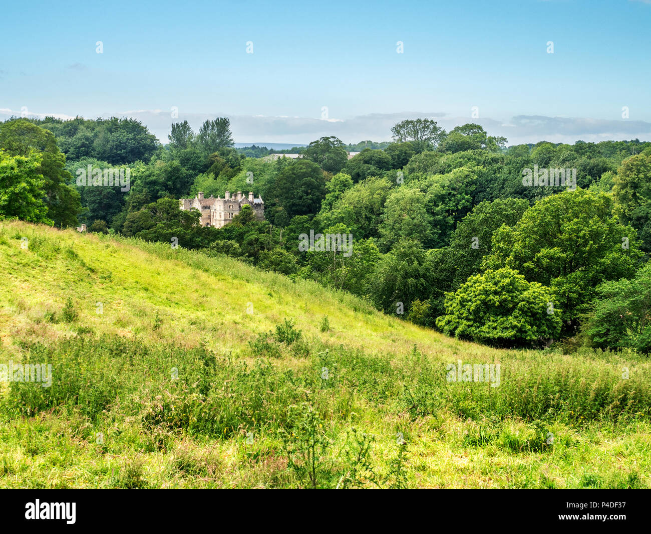 Fountains Hall nestled in trees from the Abbey Wall public footpath ...
