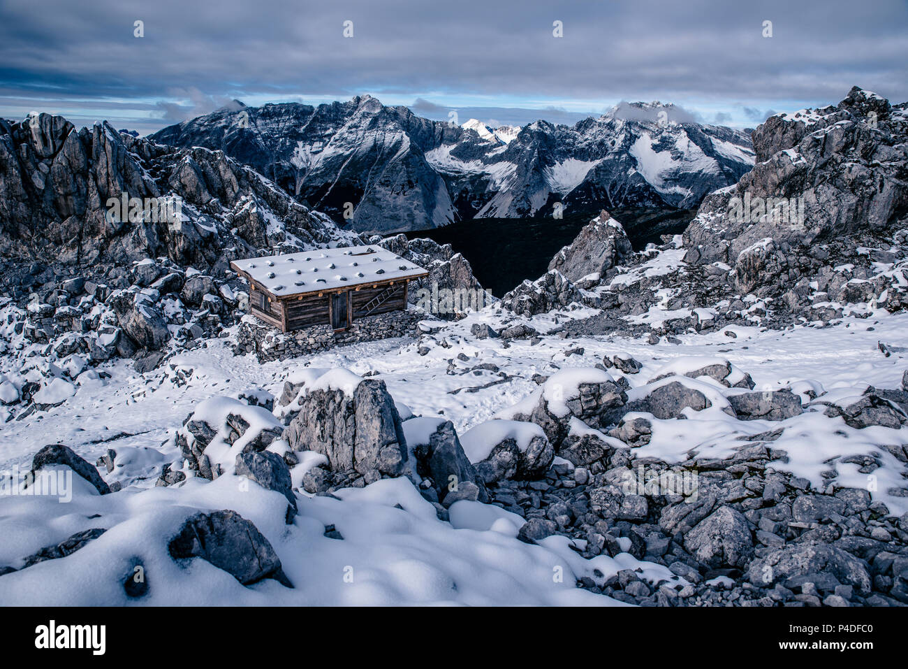 A mountain hut in a alps of Austria at winter season in the snow ...