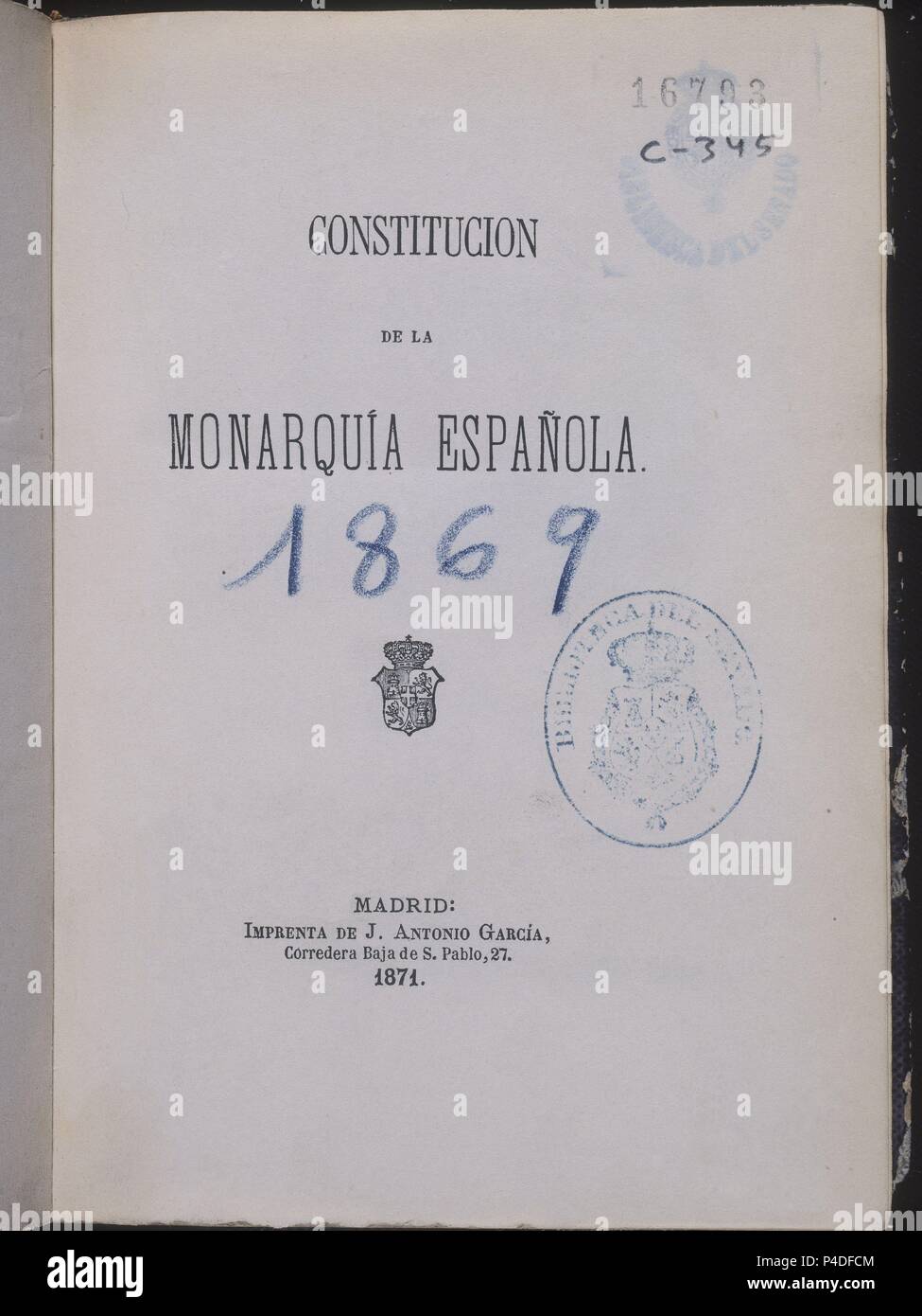 PORTADA DE LA CONSTITUCION DE LA MONARQUIA ESPAÑOLA - MADRID 1869 ...