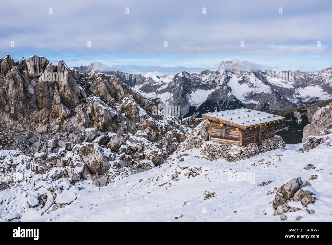 A mountain hut in a alps of Austria at winter season in the snow ...