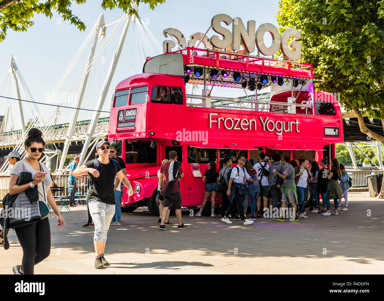 London. June 2018. A view of the Snog frozen yogurt bus along the south ...