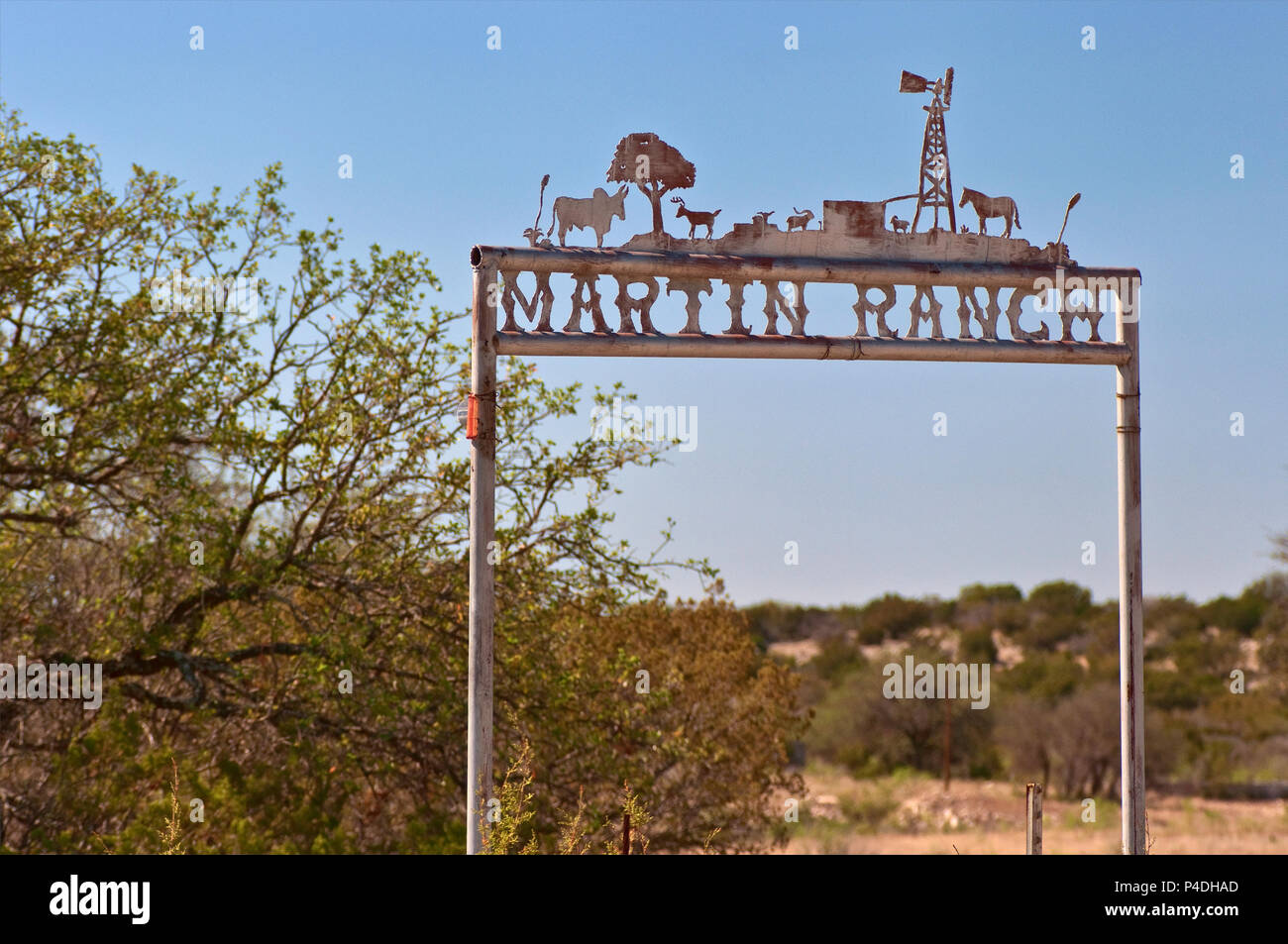 Wrought iron sign at ranch at Edwards Plateau near Sonora, Texas, USA ...