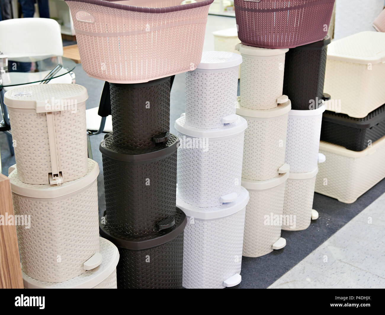 Plastic trash cans in the store of household goods Stock Photo - Alamy