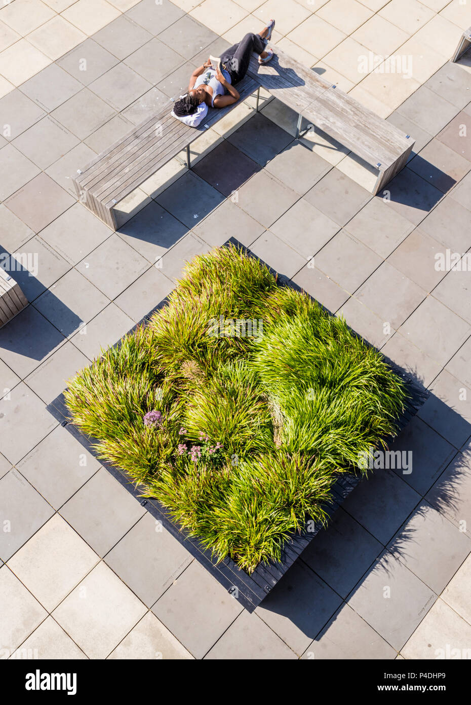 London. June 2018. A view of a female relaxing on modern benches along ...