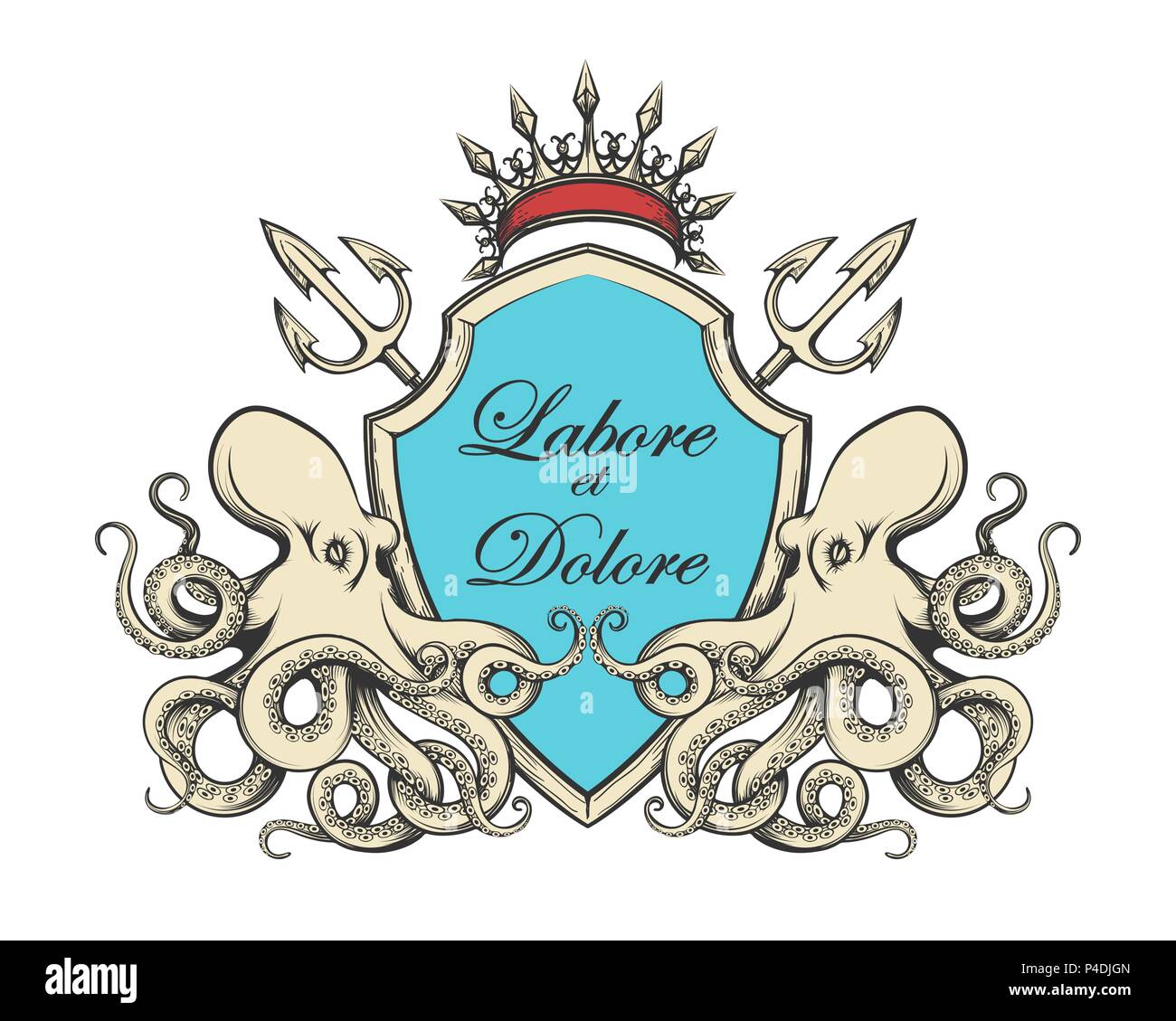 Hand Drawn Coat of Arms with Octopus and Tridents. Vector Illustration ...