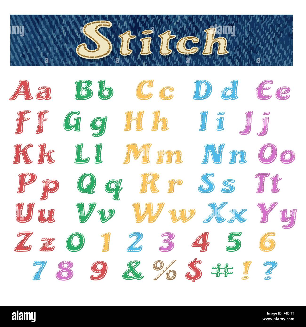 Colorful Hand Drawn alphabet in stitched style. All letters and numbers ...