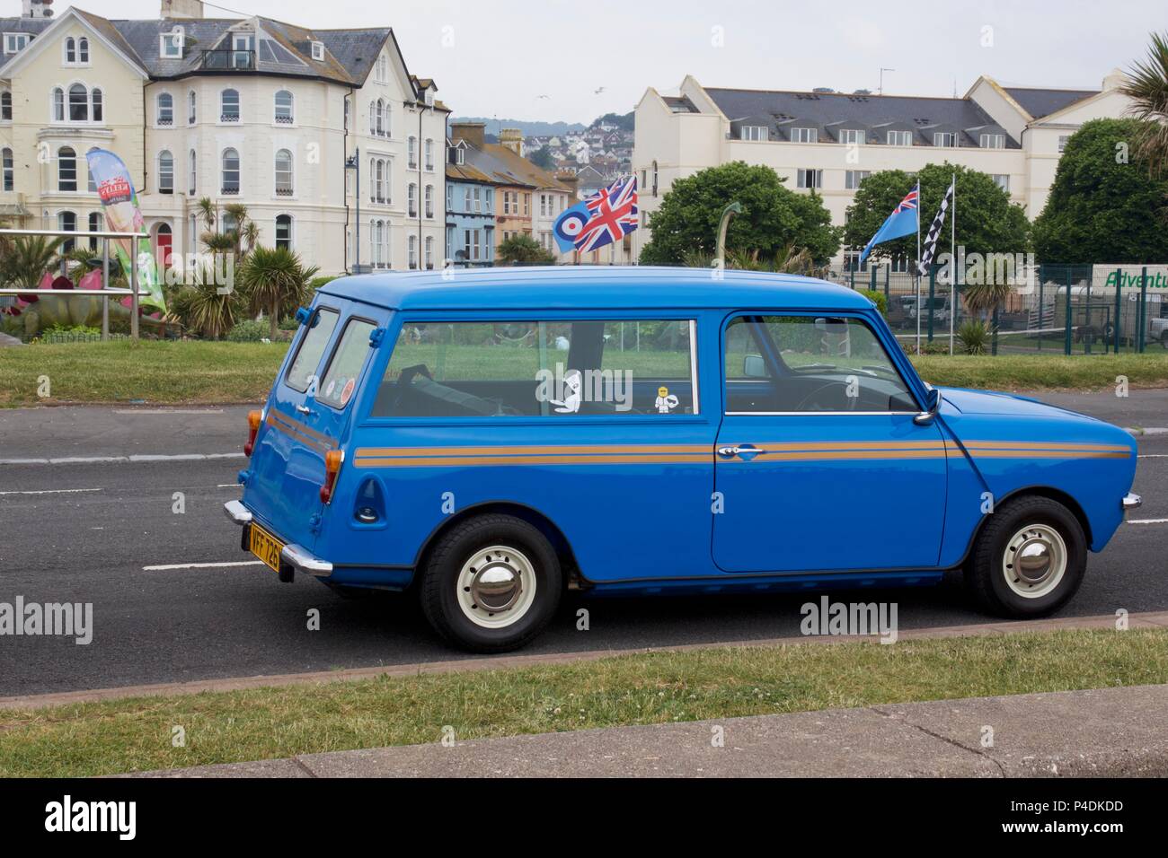 Parked blue, vintage Mini Car in Teignmouth, South Devon Stock Photo ...