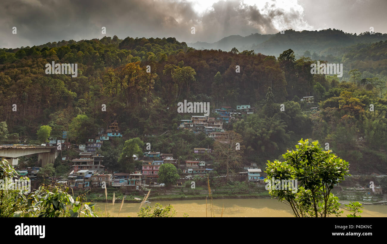 A view of village and wooden houses on the mountains of Sikkim Stock ...