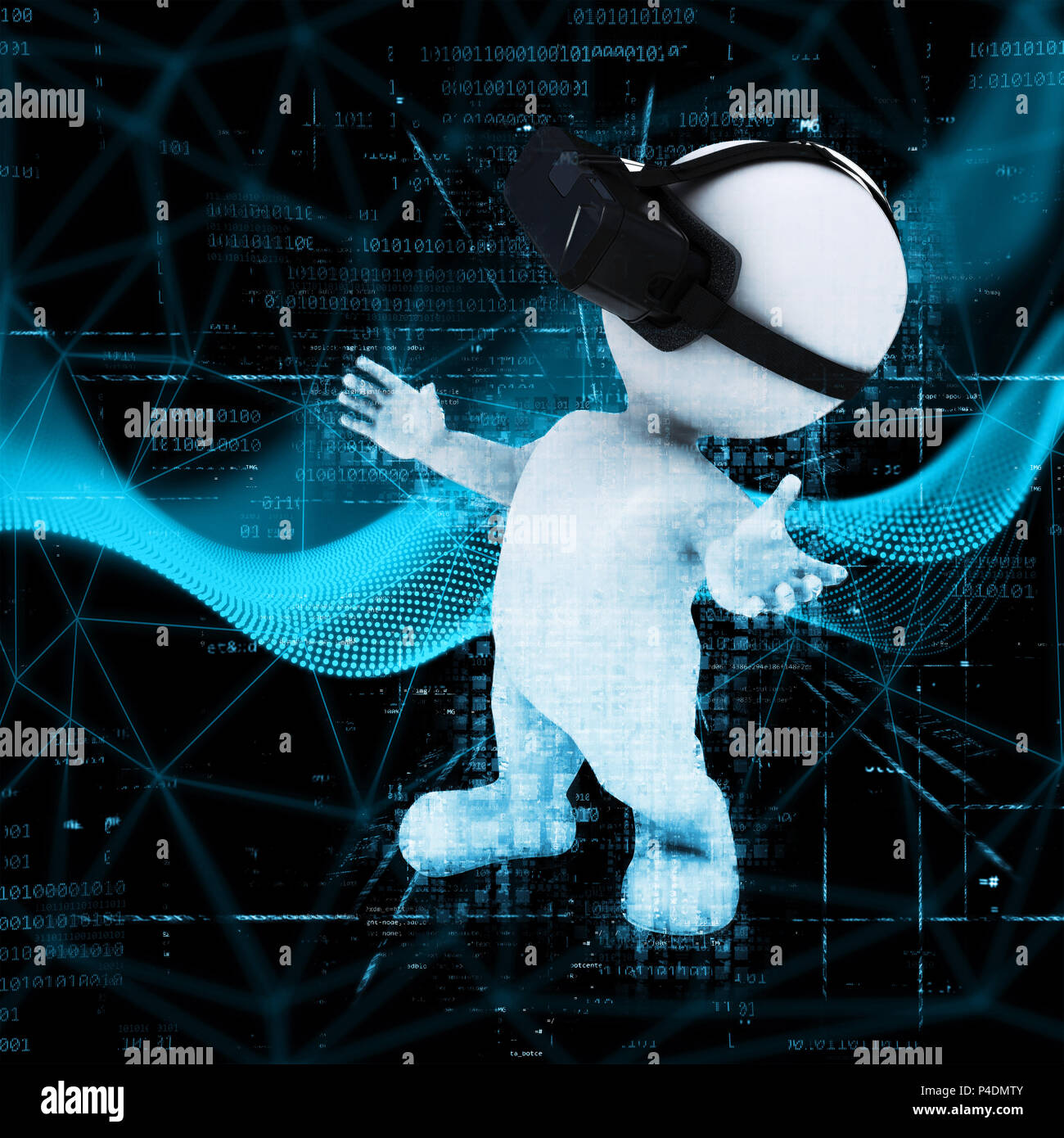 3D render of a figure wearing VR headset on abstract code background ...