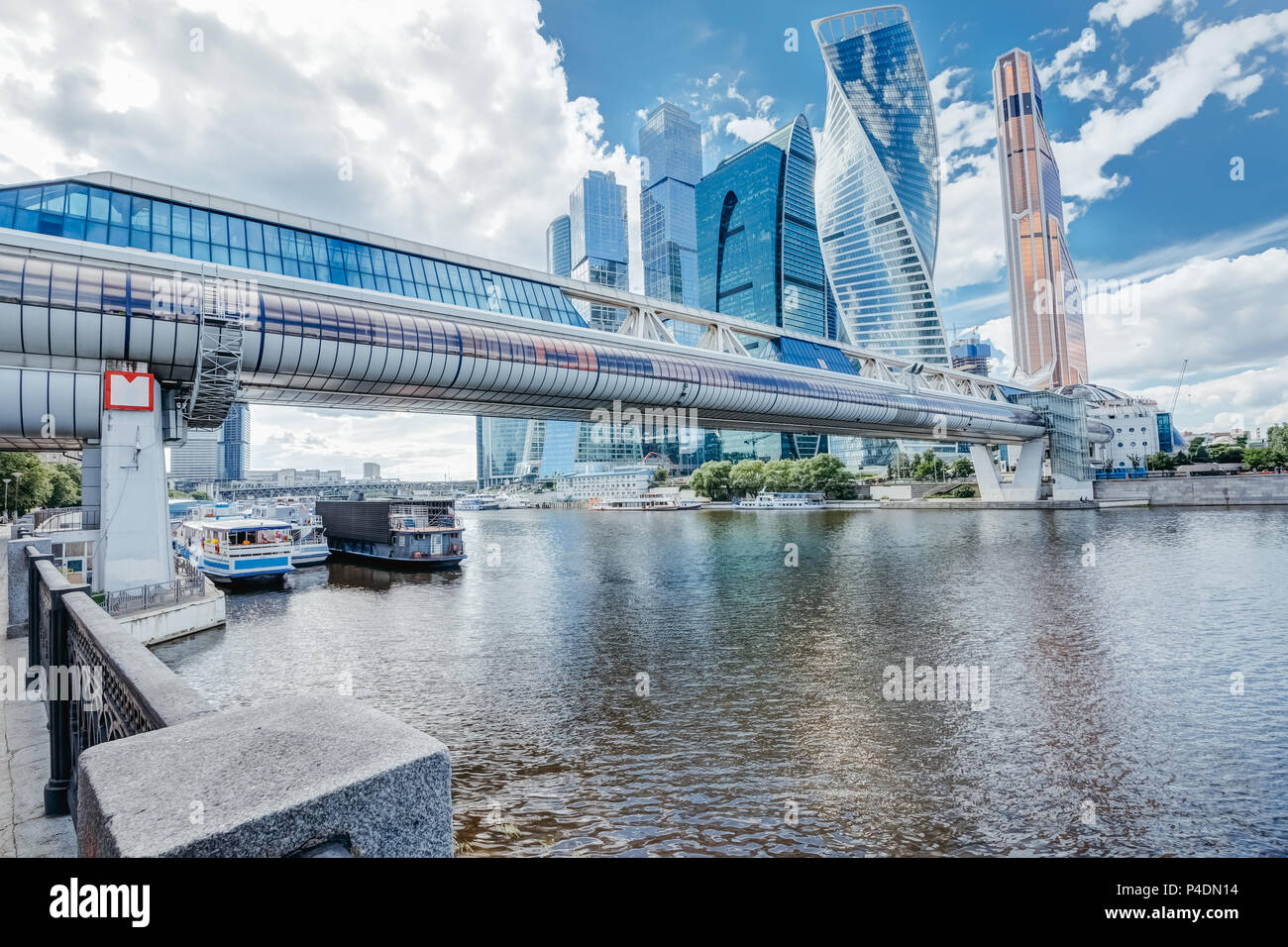 Bridge Bagration on Moscow river with skyscrapers Moscow City on the ...