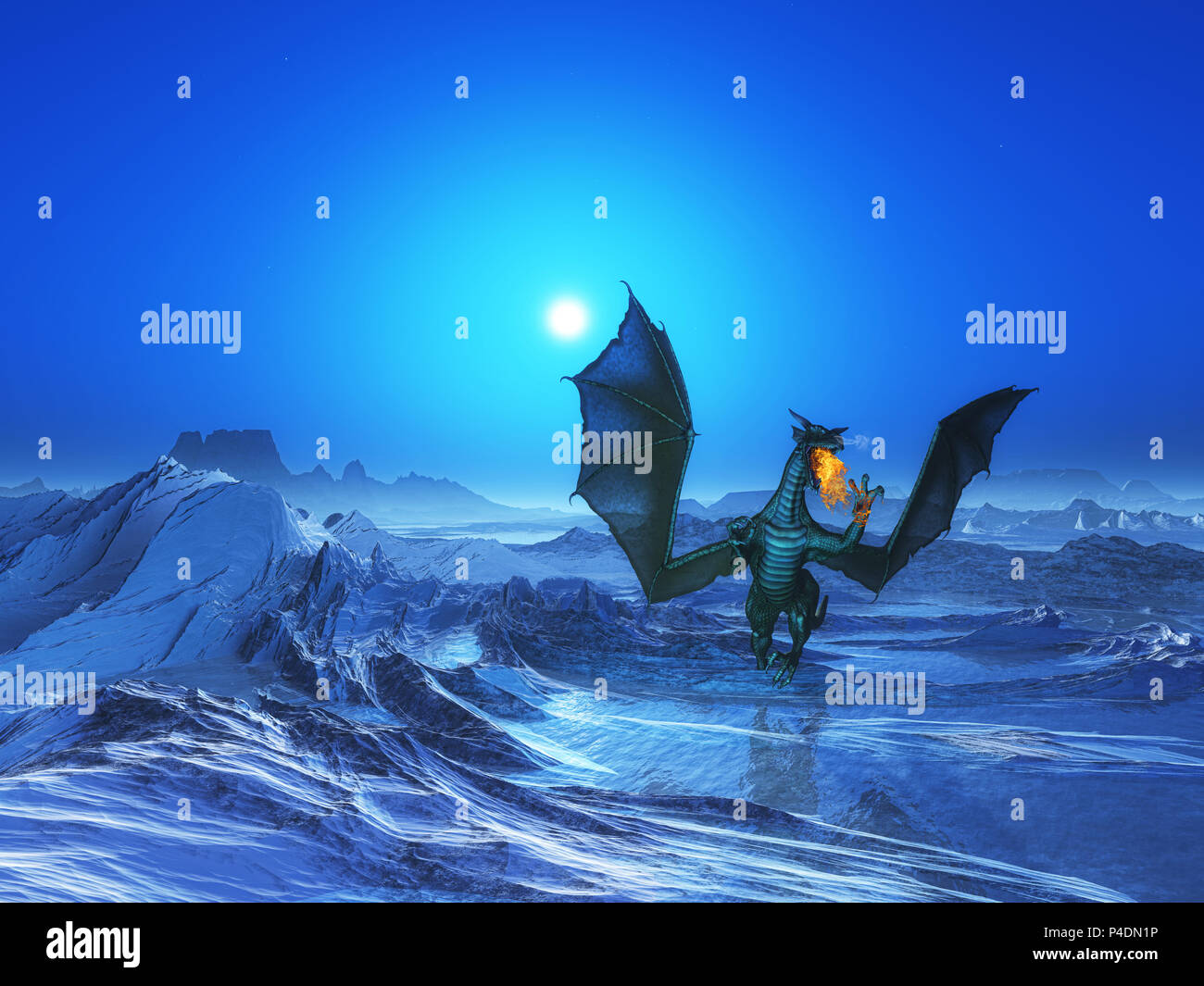 3D render of a fire breathing dragon in icy landscape Stock Photo - Alamy