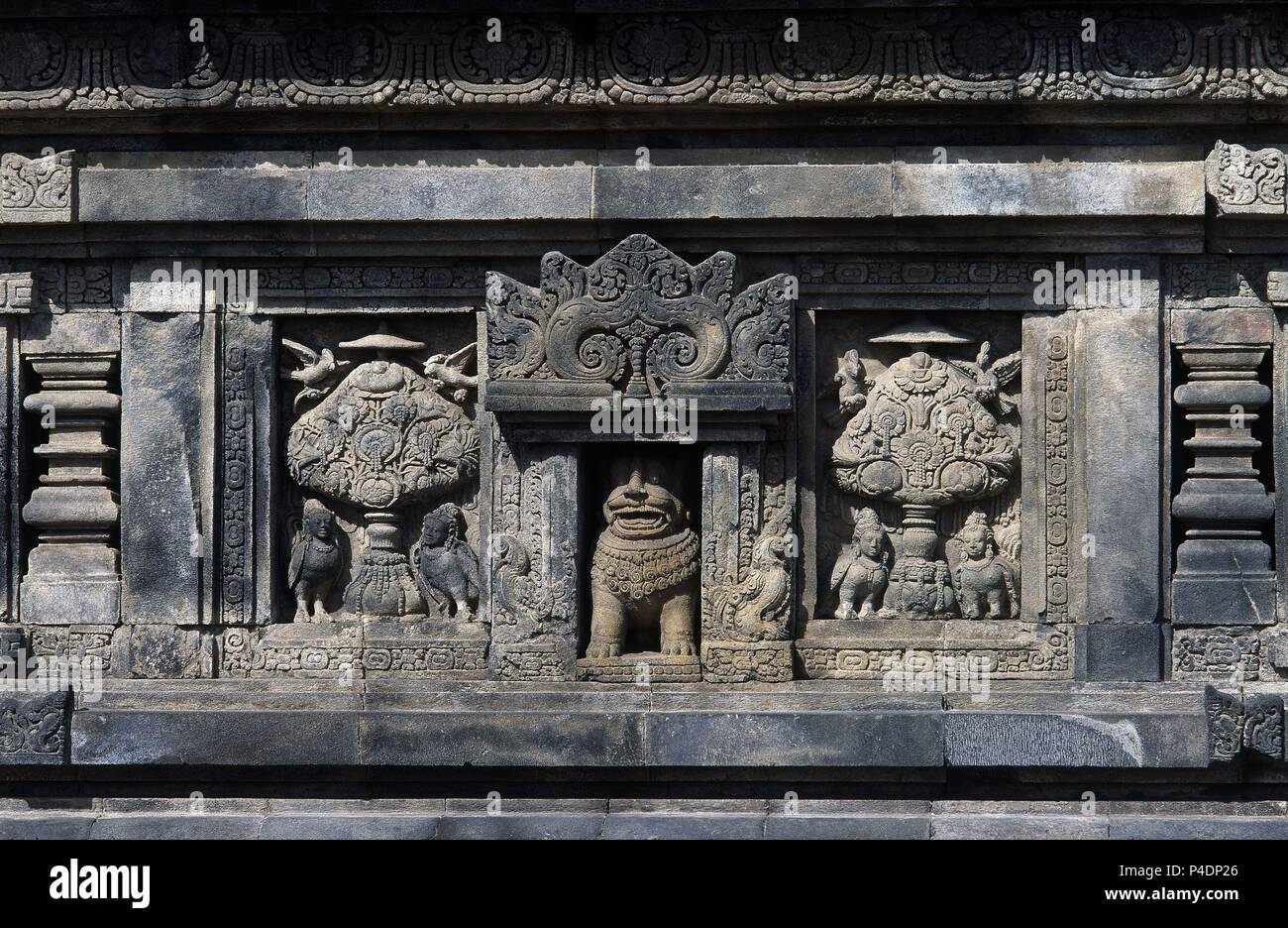 High-relief details of a panel from the Prambanan temple in Java ...