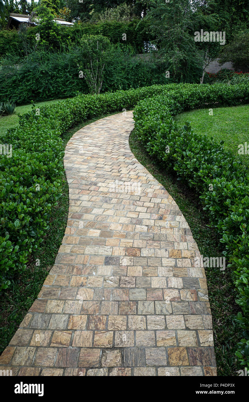 rock tiles path garden sidewalk green vegetation Stock Photo - Alamy
