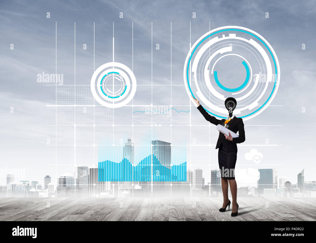 Concept of security and privacy protection with camera headed woman ...