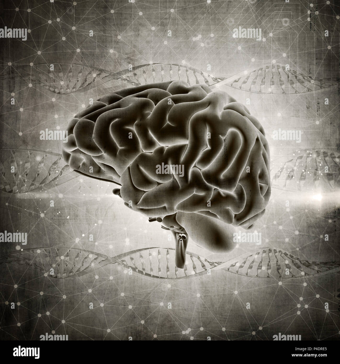 3D render of a grunge style brain image on a DNA strands background ...