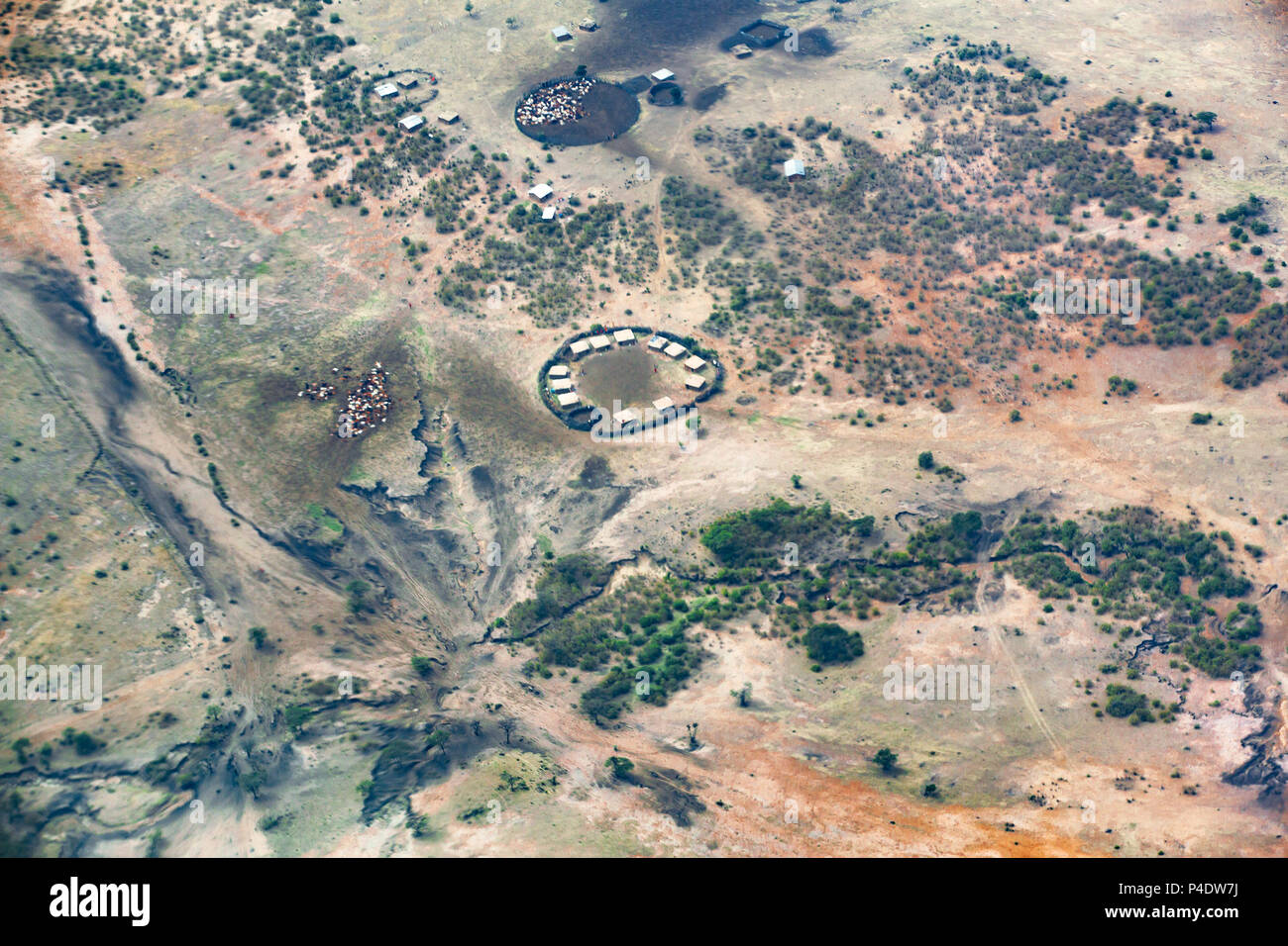Aerial view of a traditional Maasai village in Kenya, showing the ...