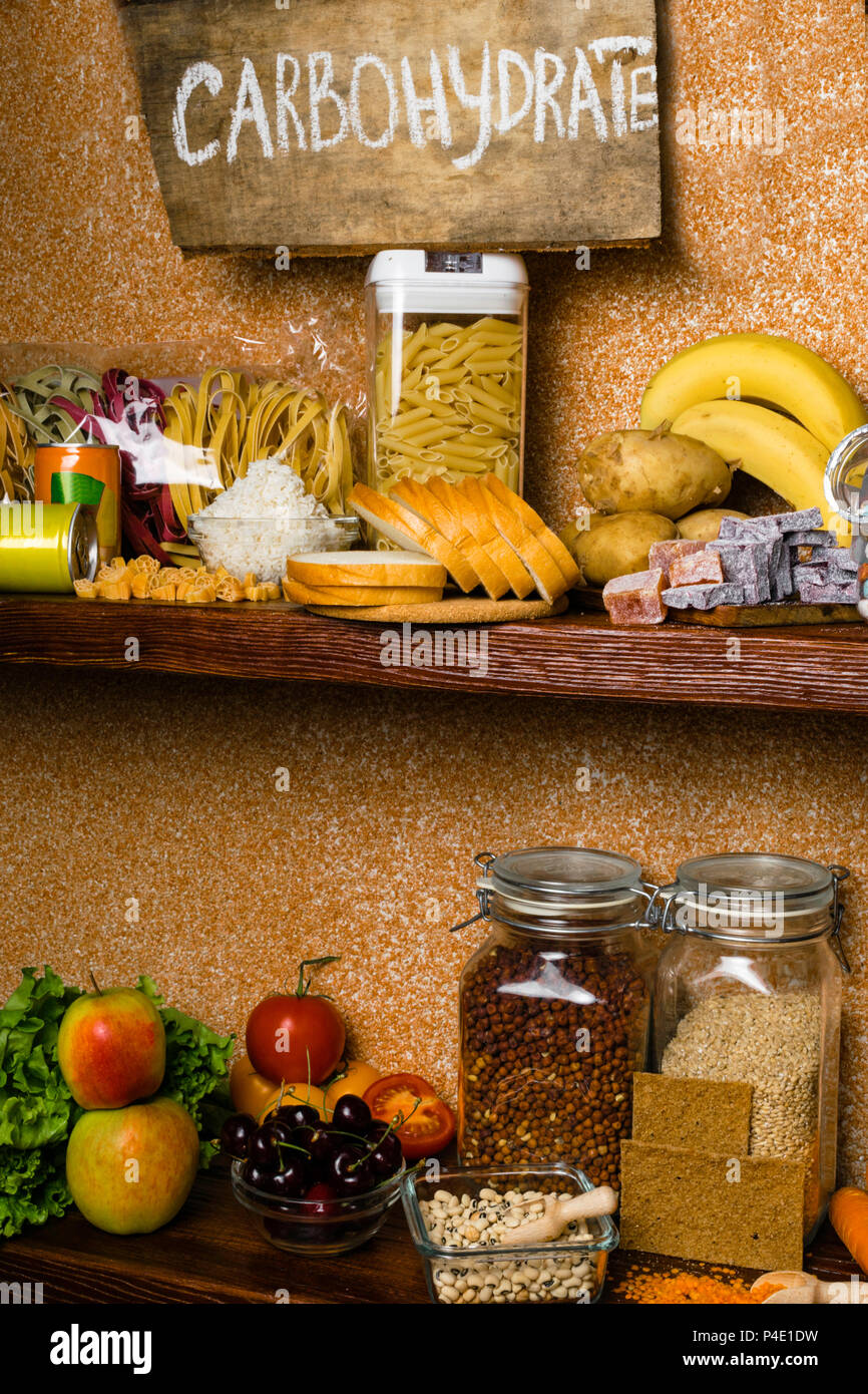 Assortment of products rich of complex carbohydrates. Healthy food on ...