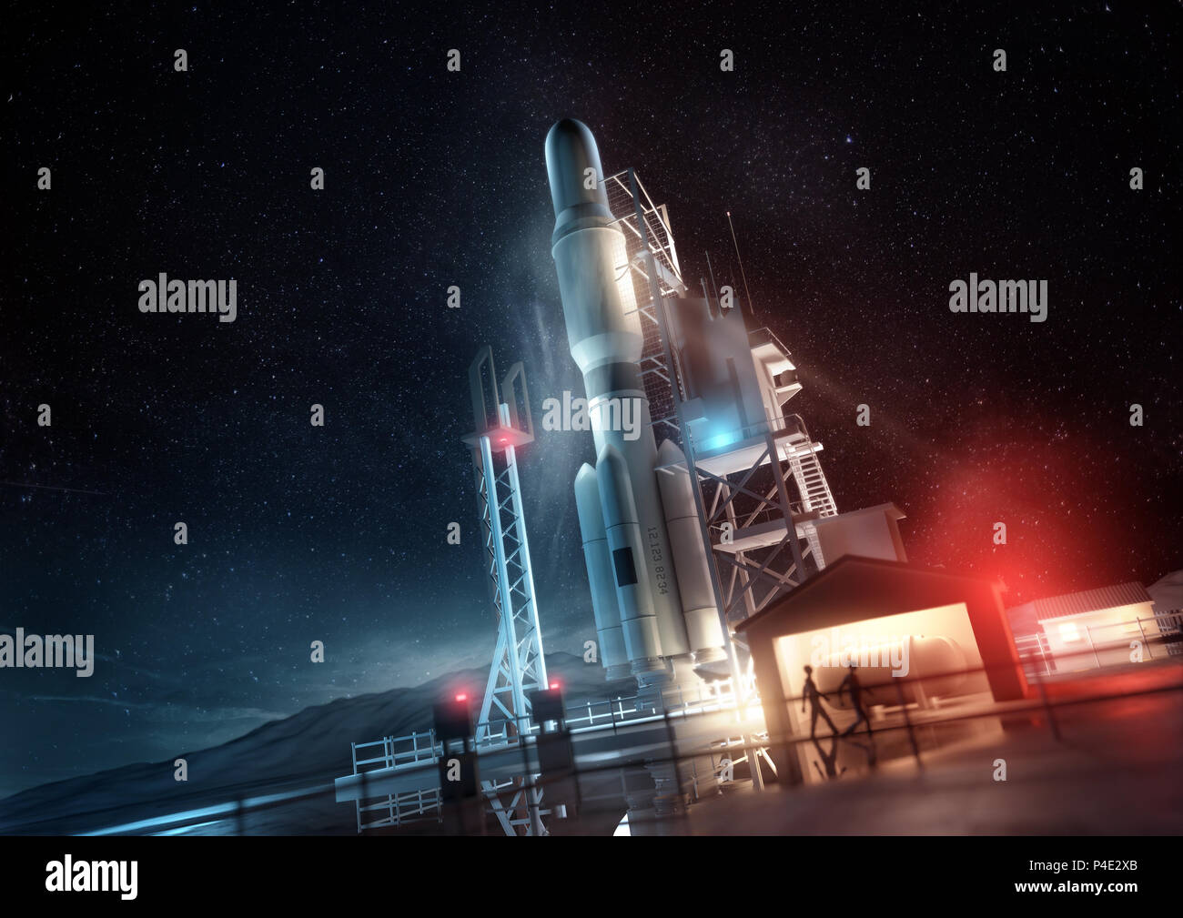 A large space rocket ready for launch at night. 3D illustration concept ...