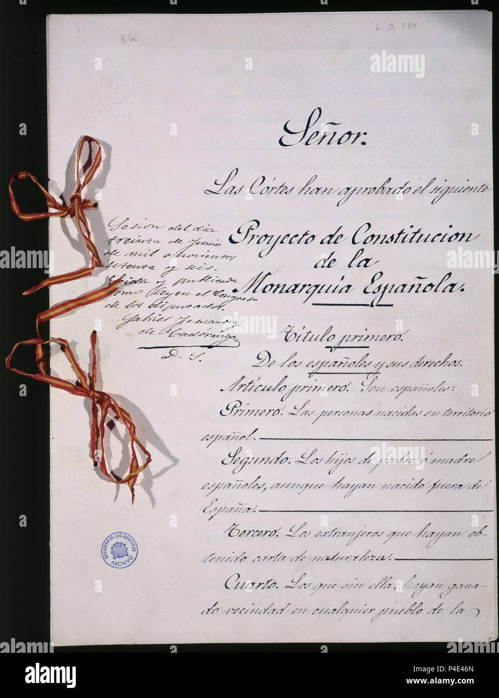CONSTITUCION DE 1876 - PRIMERA PAGINA - TEXTO MANUSCRITO DEL PROYECTO ...