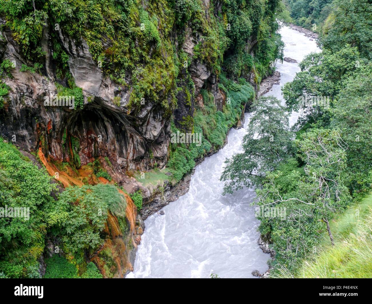 Canyon of wild Marsyangdi river, Annapurna Circuit trek in Nepal Stock ...