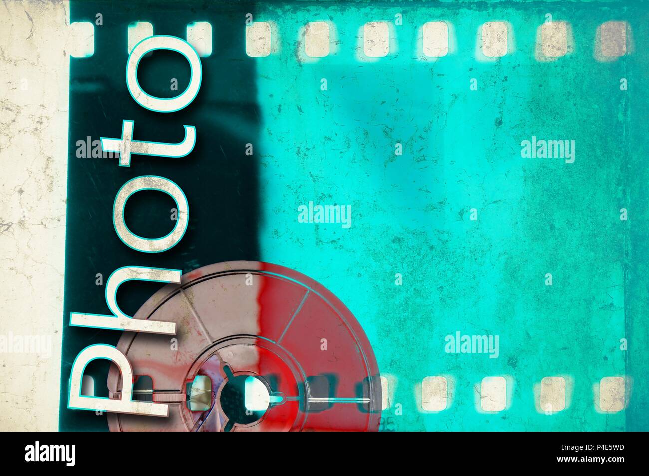 Vintage blue film strip frame with coil and "photo" word Stock Photo ...
