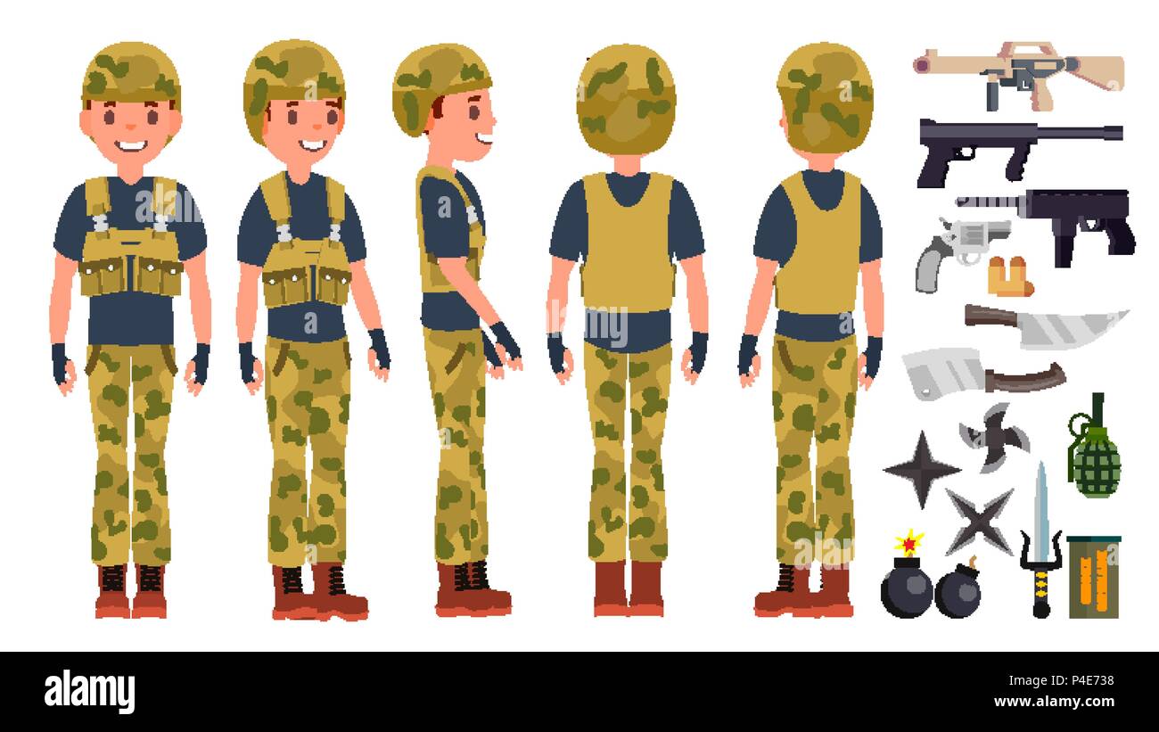 Soldier Man Set Vector. Poses. Army Person. Camouflage Uniform. Shooter ...