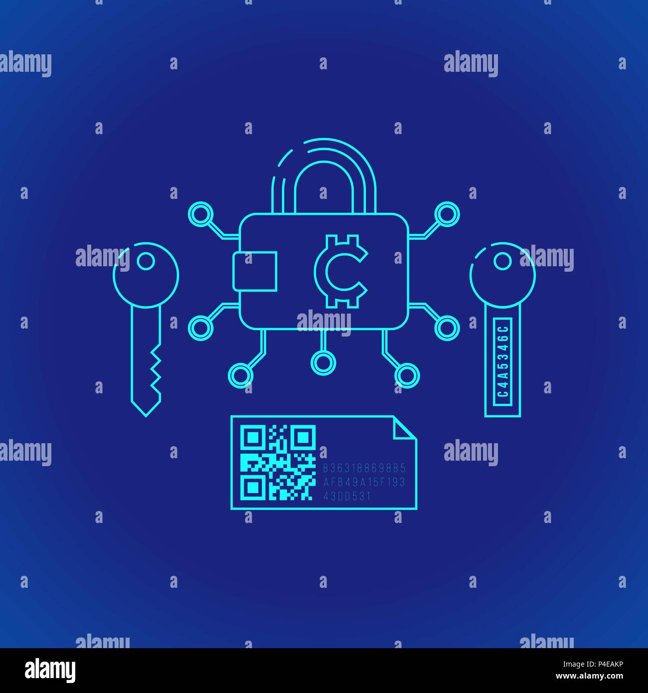 Vector Cyan Outline Design Blockchain Cryptocurrency Wallet Security Principle Explain Scheme