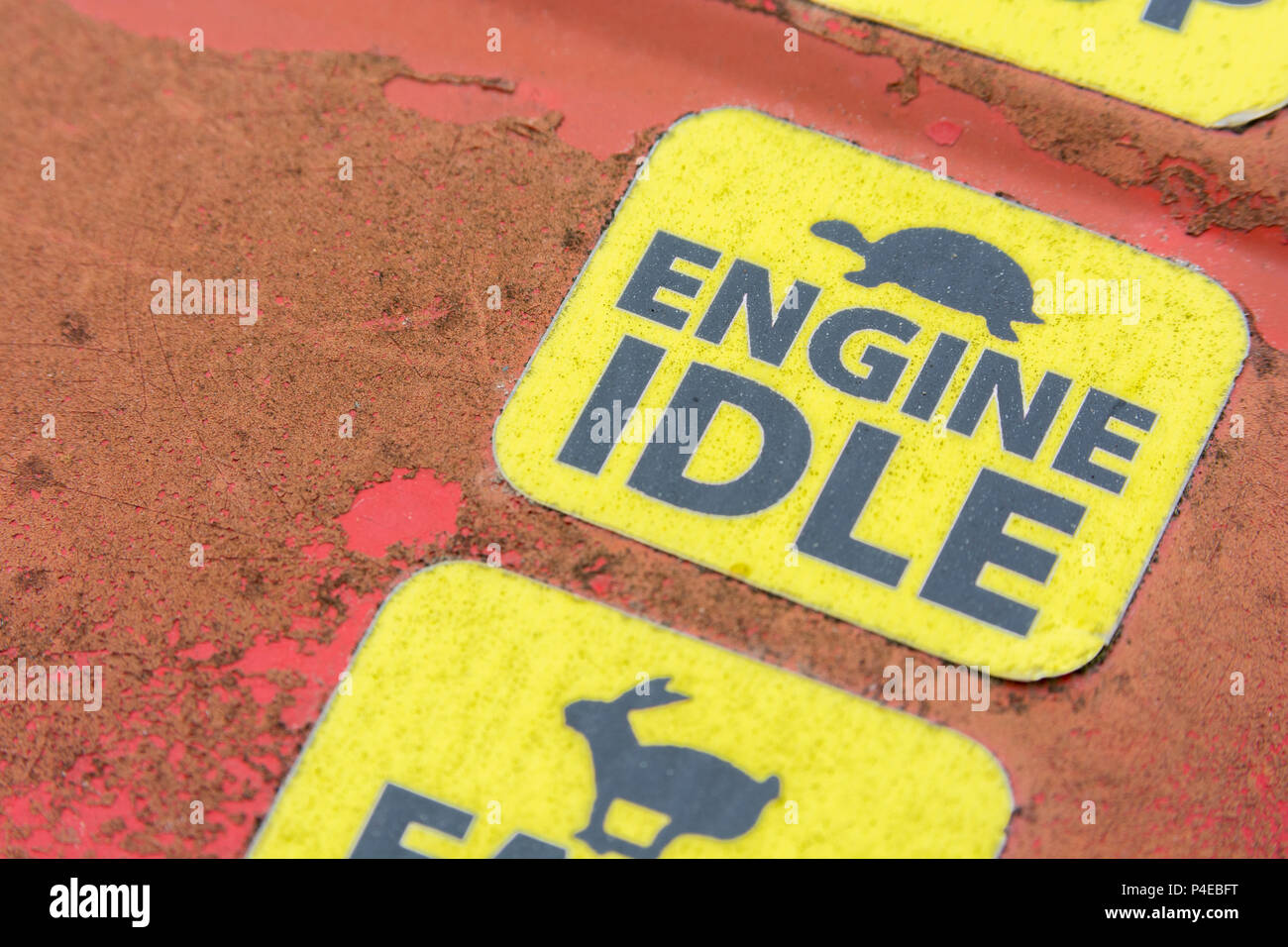 Engine management labels on tractor bodywork. Metaphor for tortoise and ...
