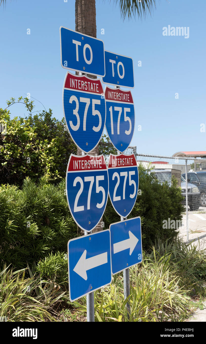 St Petersburg, Florida, USA. 2018. Interstae road signs for various ...