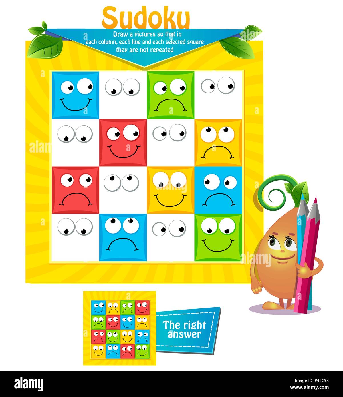 Sudoku game for children with pictures. Kids activity sheet. Draw a ...