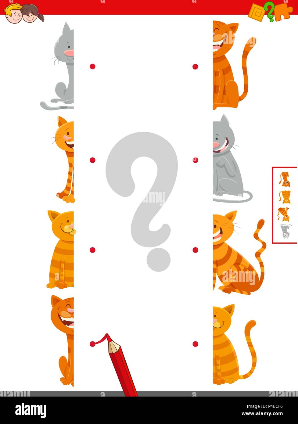 Cartoon Illustration of Educational Game of Matching Halves of Cat ...