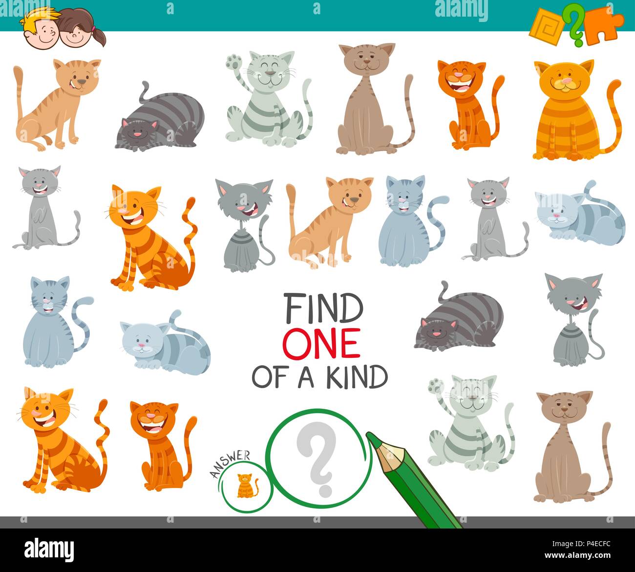 Cartoon Illustration of Find One of a Kind Educational Activity Game ...