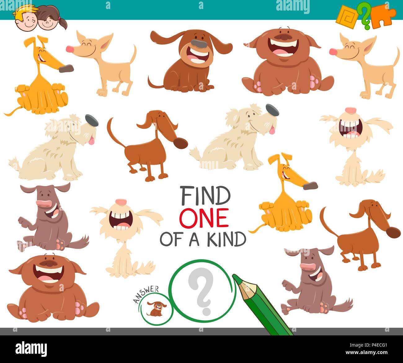 Cartoon Illustration of Find One of a Kind Educational Activity Game ...