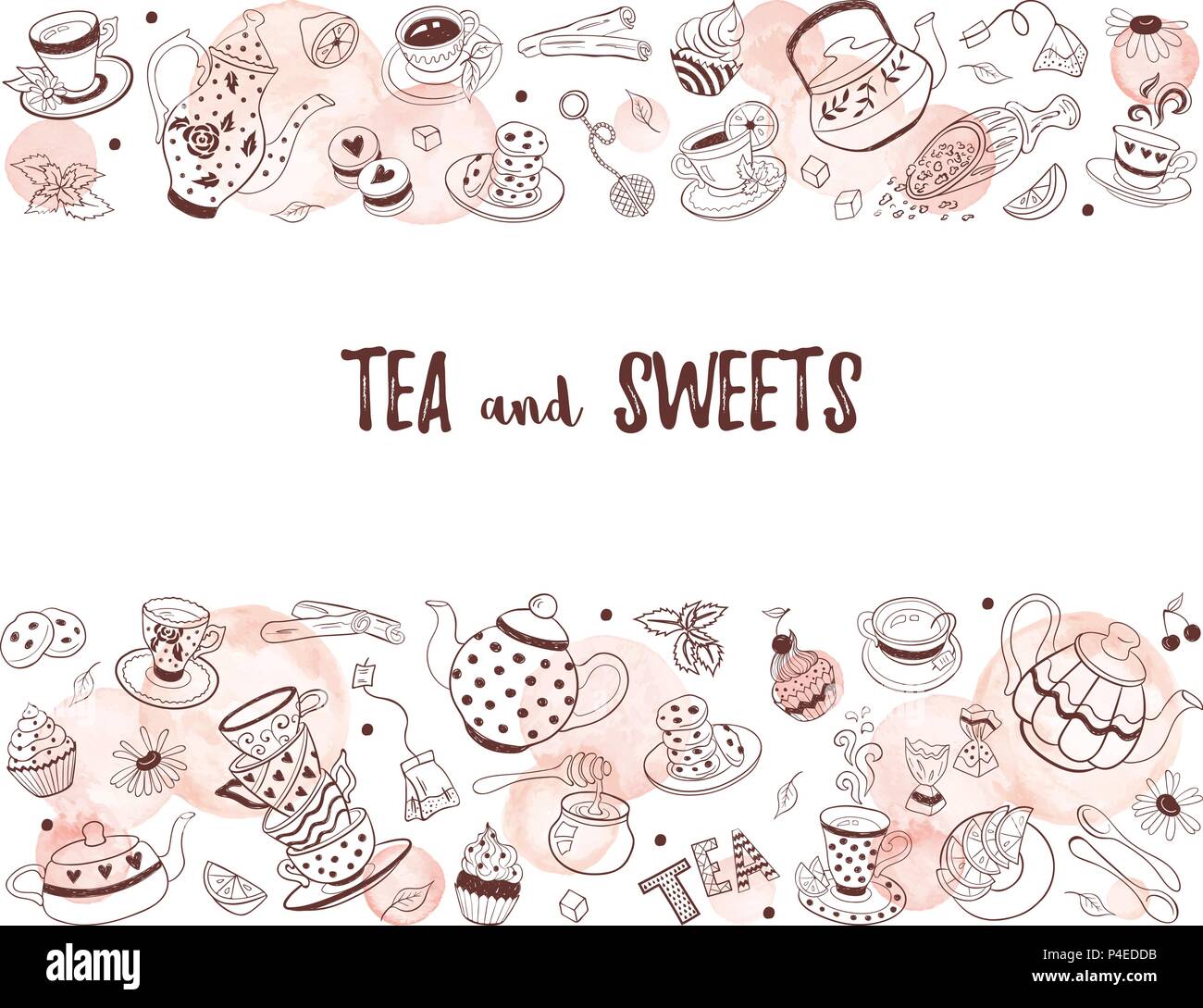 Horizontal border from tea time doodle elements. Hand drawn tea vector ...