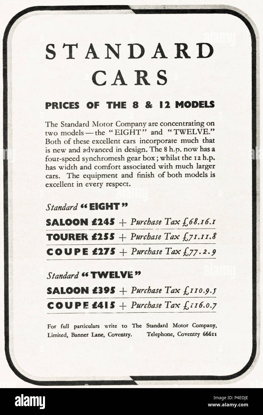 1940s British Car Advert Stock Photos & 1940s British Car Advert Stock ...