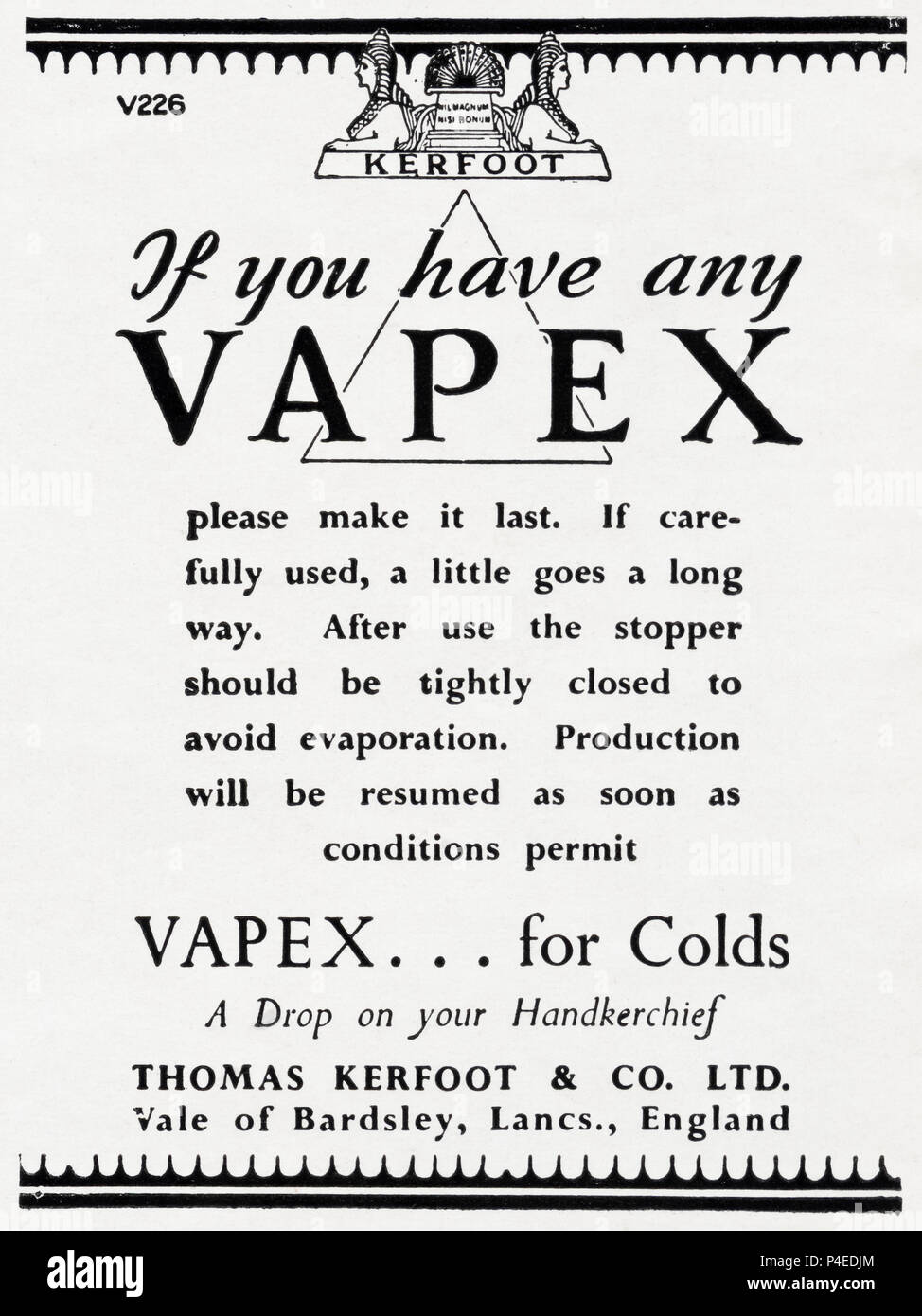1940s old vintage original advert advertising Vapex for colds by Thomas ...
